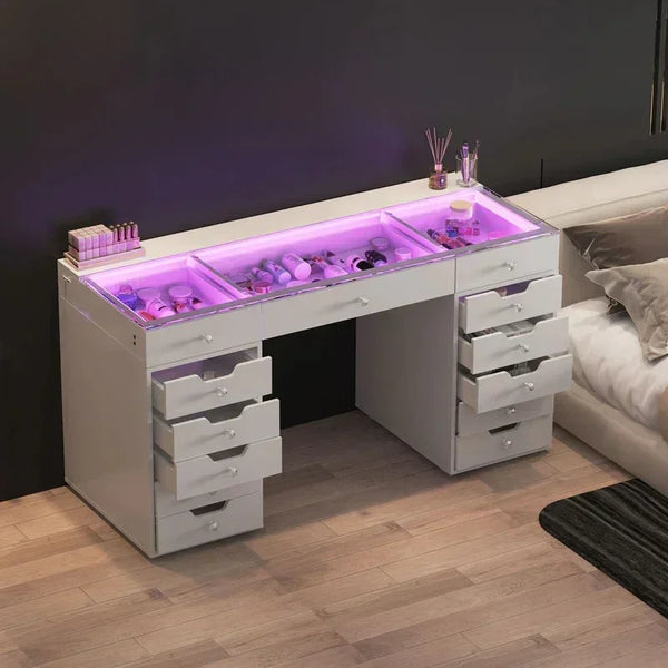 Eva-RGB Vanity Desk Pro - 13 Storage Drawers White