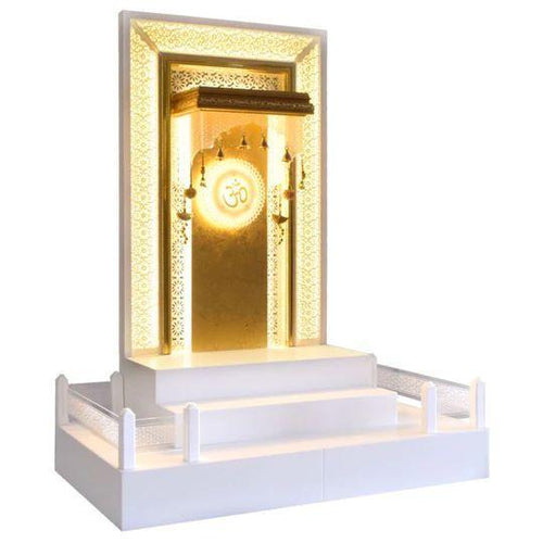 F C Wooden Pooja Mandir with Twin Drawers & Gold Leafing 5ft X 5ft