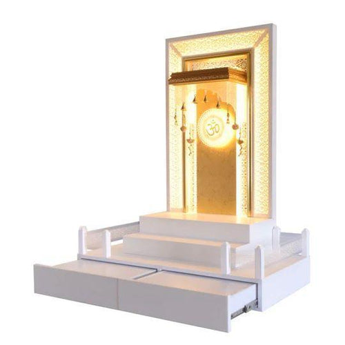 F C Wooden Pooja Mandir with Twin Drawers & Gold Leafing 5ft X 5ft